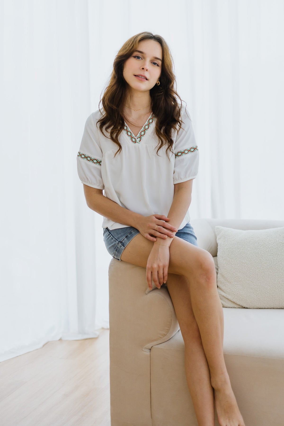 Janelle Aztec Embroidery Babydoll Blouse in White - First Stitch