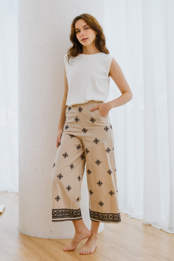 Mirador Aztec Embroidery Linen Pants in Beige - First Stitch