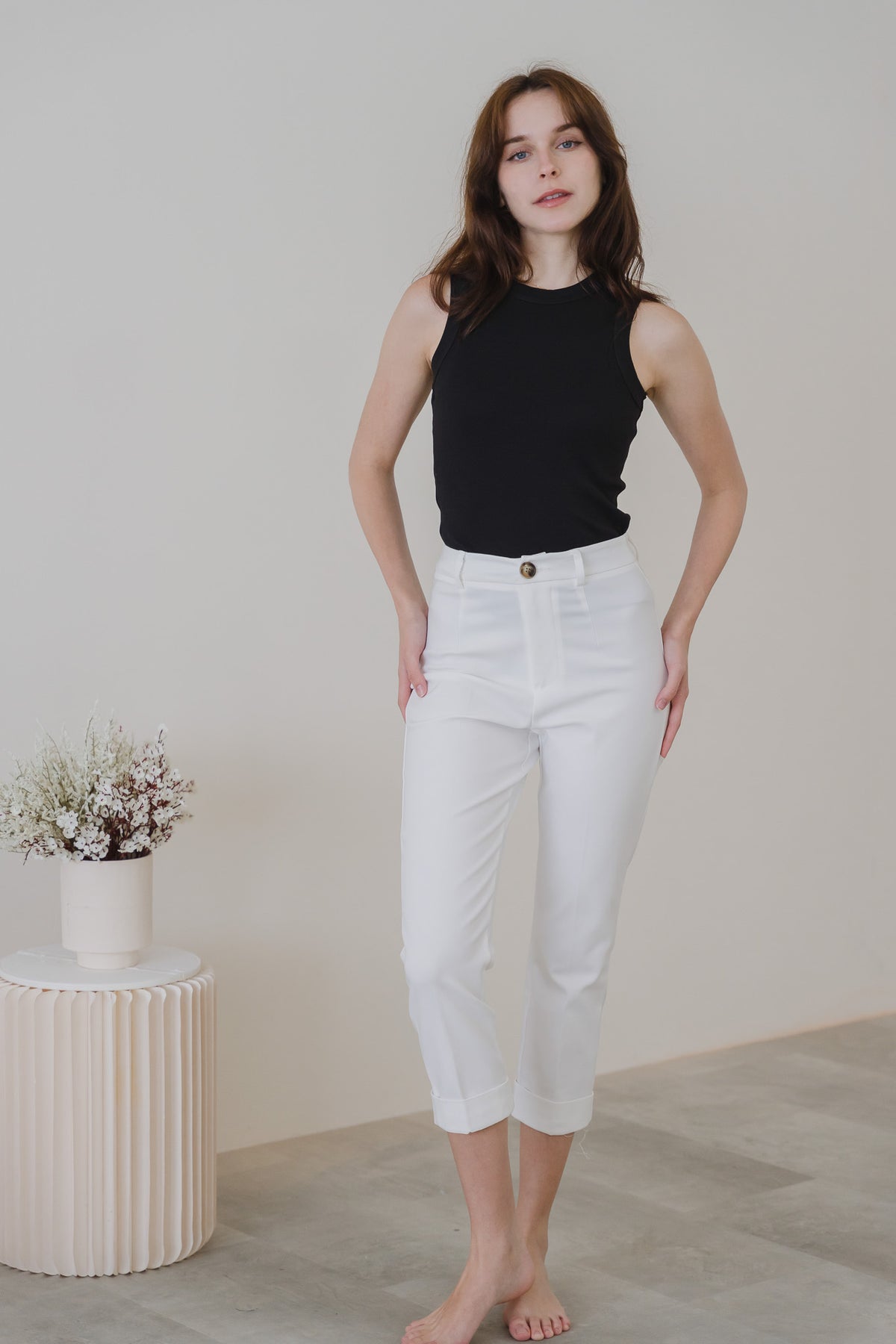 Ariel Cuffed Work Pants in White - First Stitch